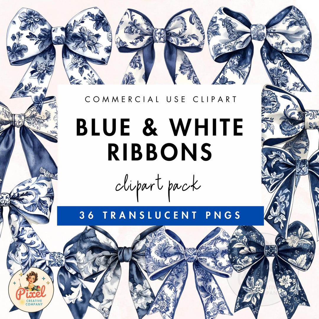 Ribbons Blue and White Clipart Graphics | Digital Blue Toile Ribbon ...