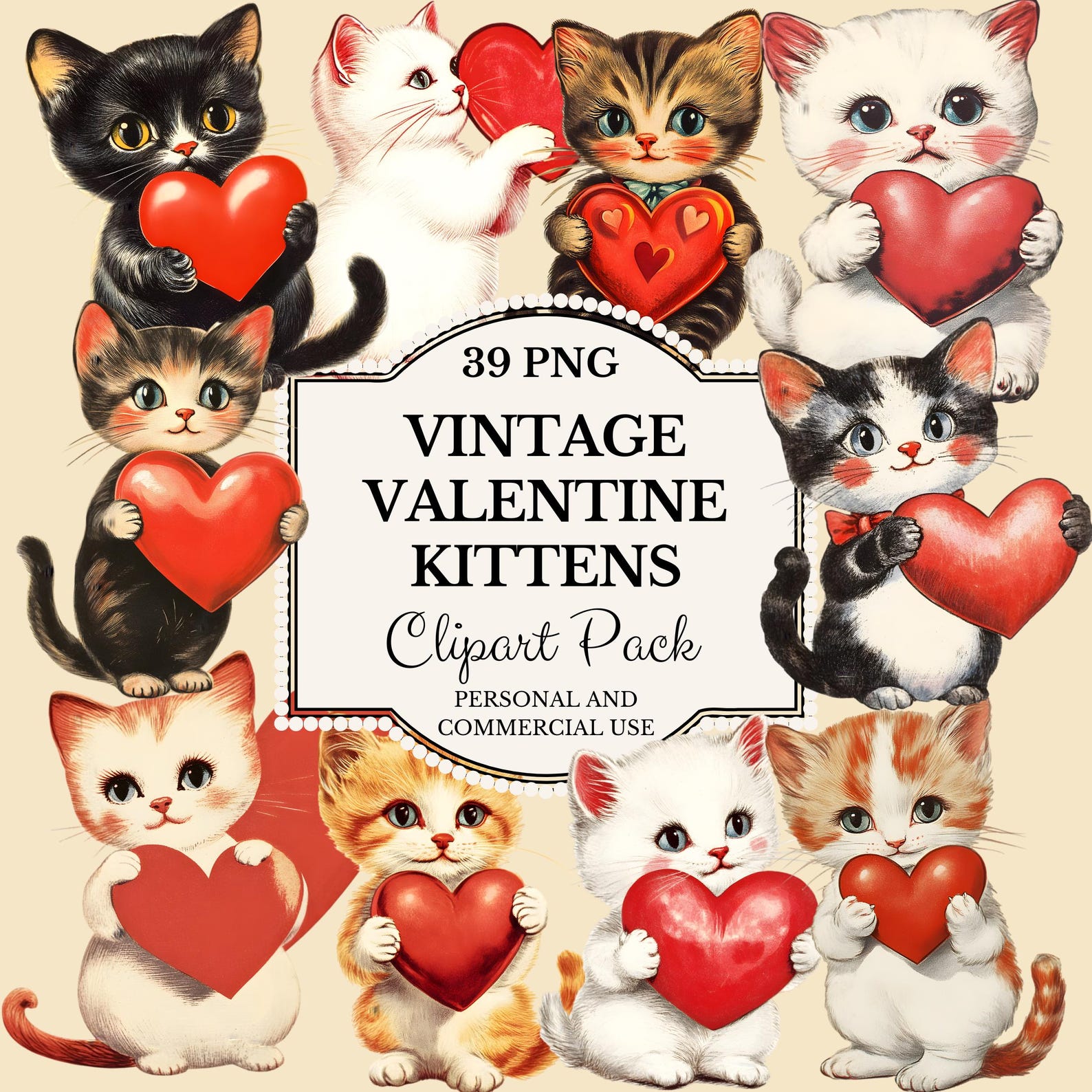 Valentine Kittens Clipart – 39 PNG Vintage Cat Illustrations (digital ...