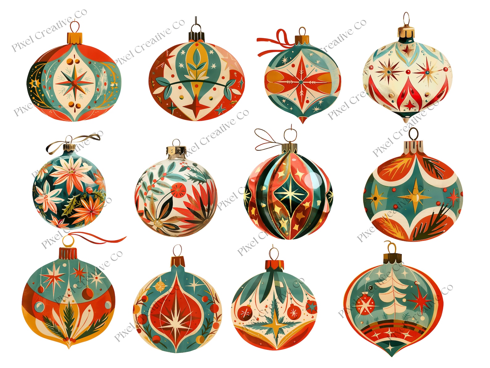 Retro Christmas Baubles Clipart | 1950s Mid Century Ornaments Graphics ...