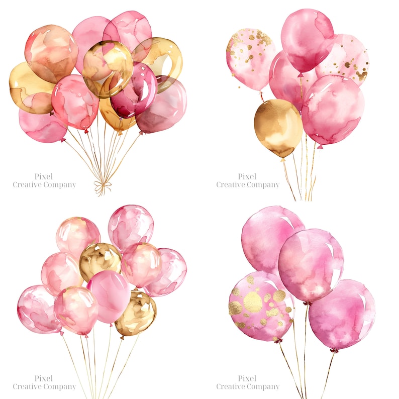 Pink and Gold Balloons Clip Art | Elegant Party Balloon Graphics ...