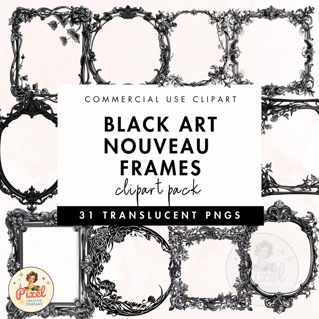 Art Nouveau Black Frames Clipart: Scrapbook & Junk Journal Art (PNG) - Etsy