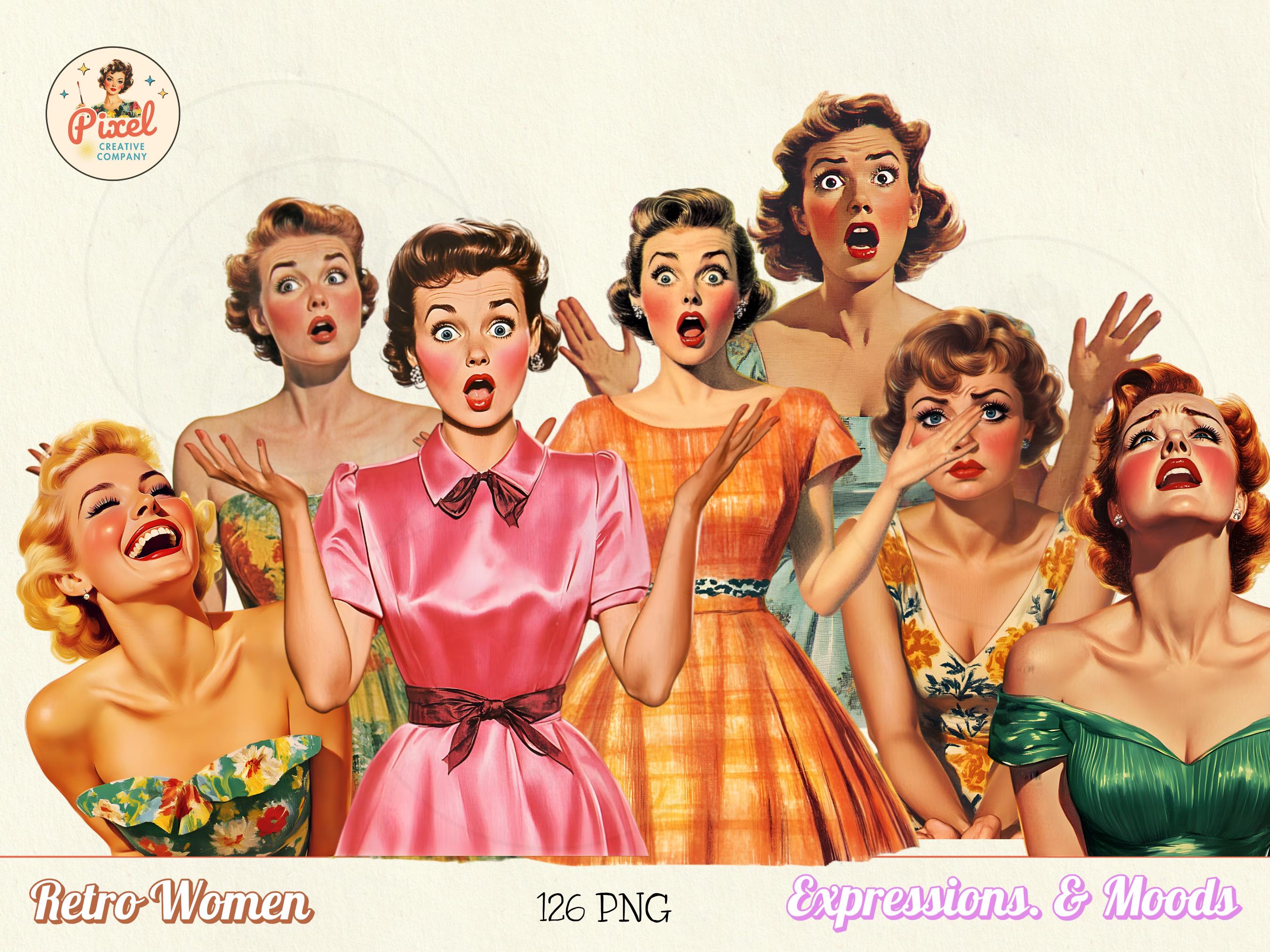 Retro 1950s Mid Century Women Clipart | Vintage Woman Expressions ...