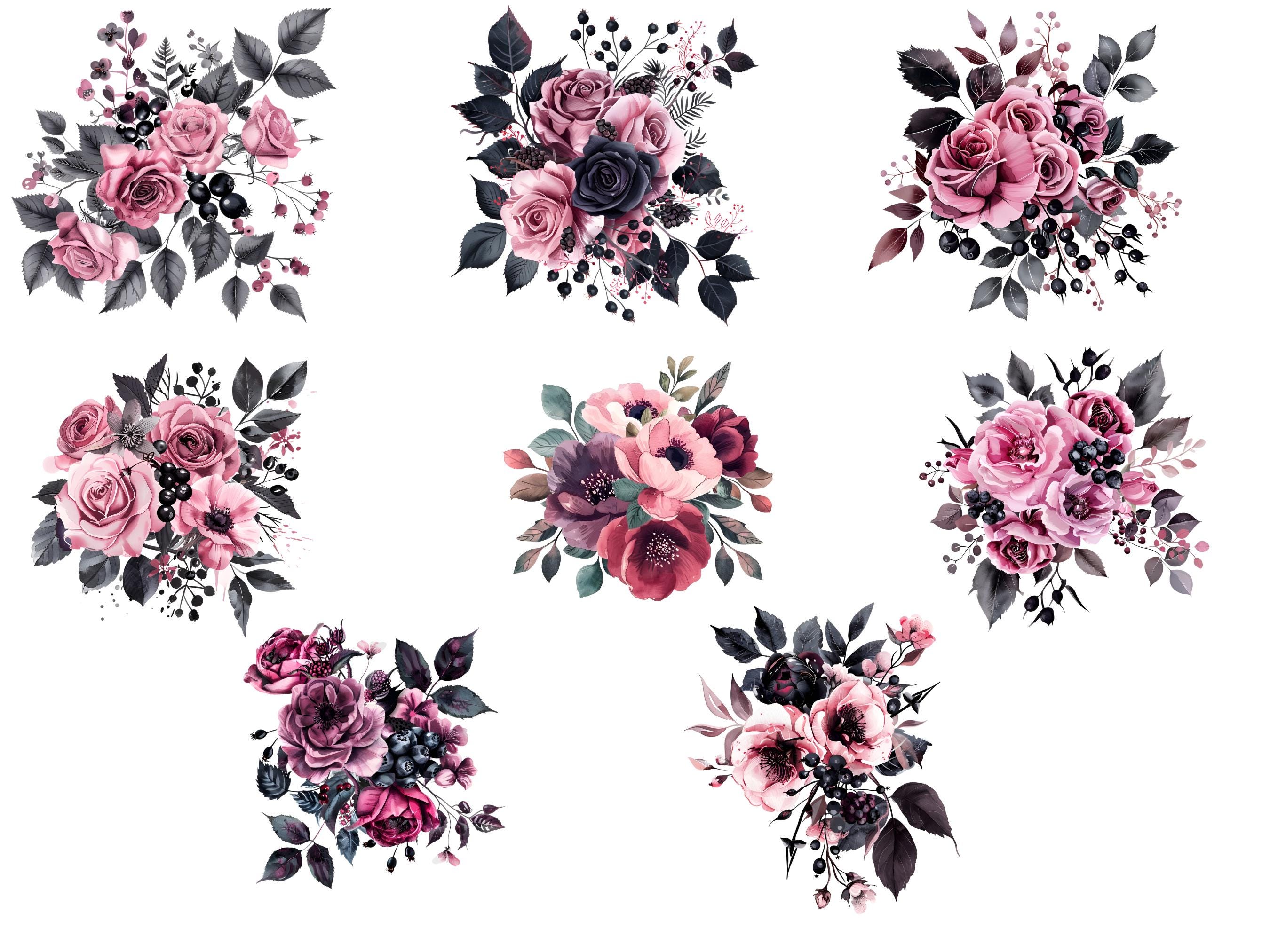 Pink Gothic Flower Bouquet Clipart: Halloween Wedding Graphics (digital ...