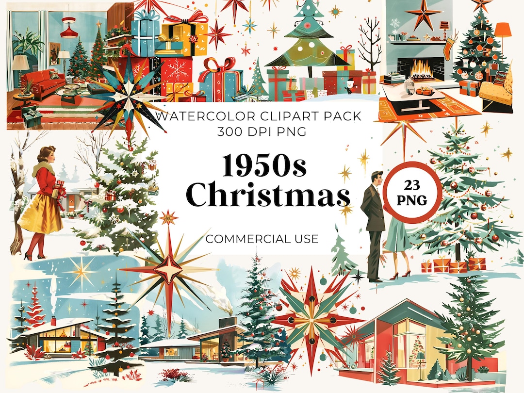 1950s Mid Century Christmas Clipart | 50s Holiday Graphics | Retro ...