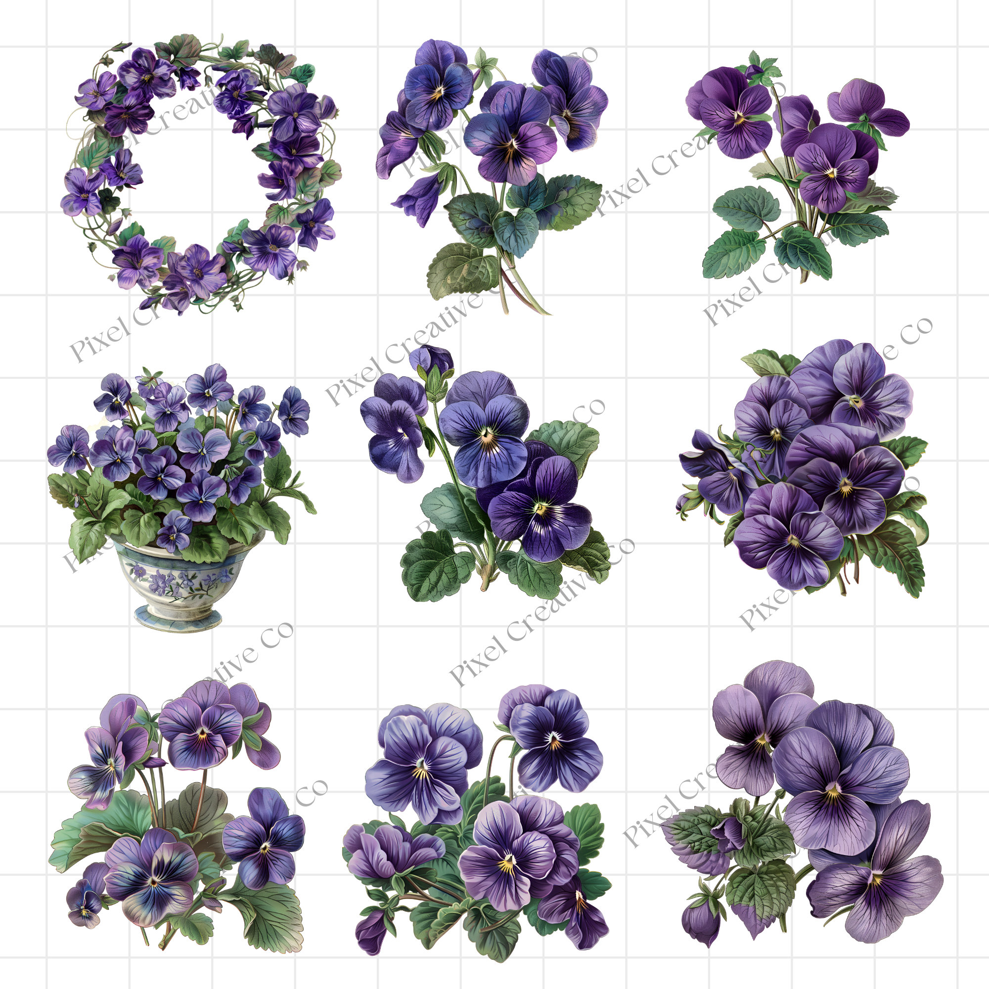 Vintage Style Violets Watercolor Clipart, Purple Violet Flowers ...