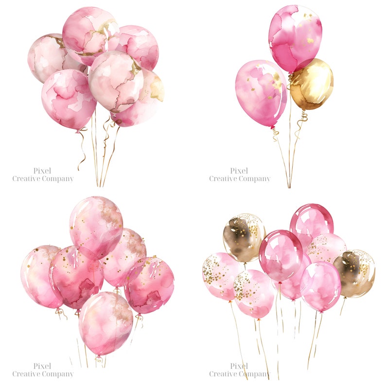 Pink and Gold Balloons Clip Art | Elegant Party Balloon Graphics ...