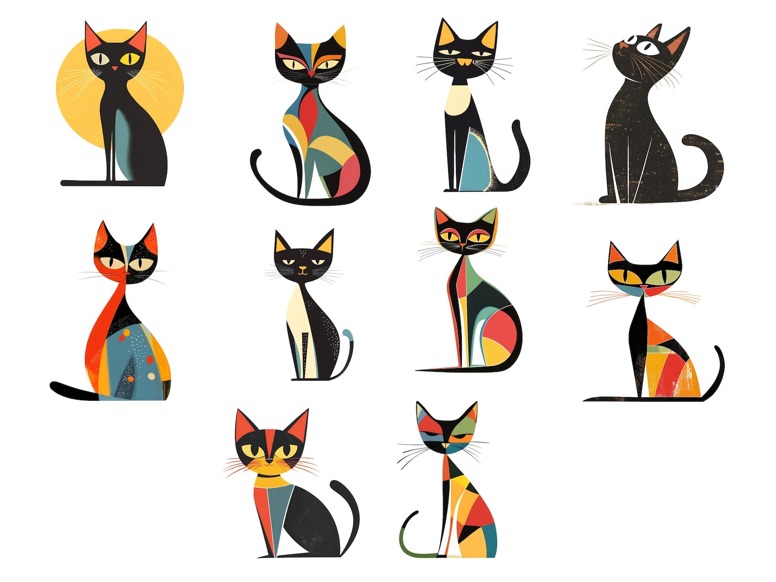 Mid Century Modern Cats Clipart Pack, 1950s Colorful Cats Clip Art ...
