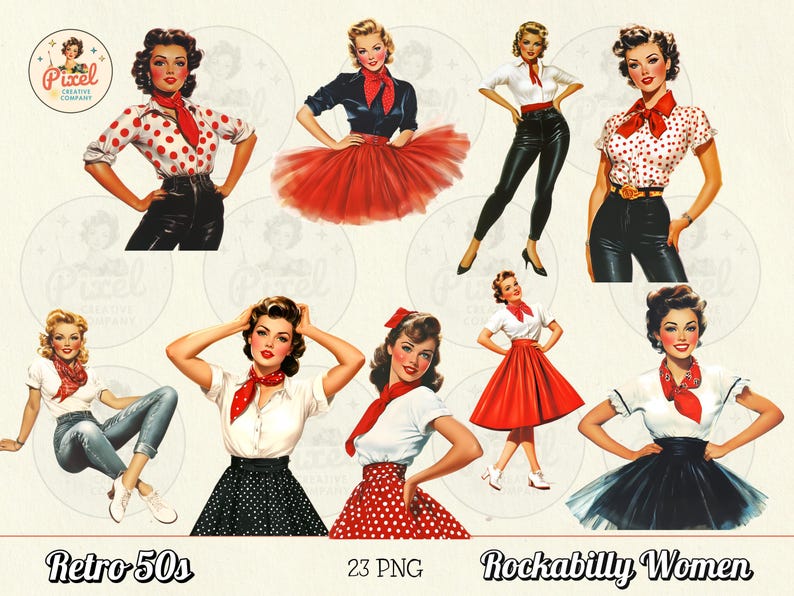 1950s Rockabilly Women Clip Art: Retro Graphics (PDF Download) - Etsy