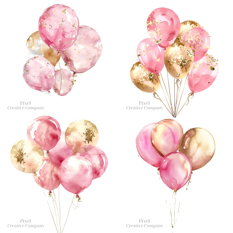 Pink and Gold Balloons Clip Art | Elegant Party Balloon Graphics ...