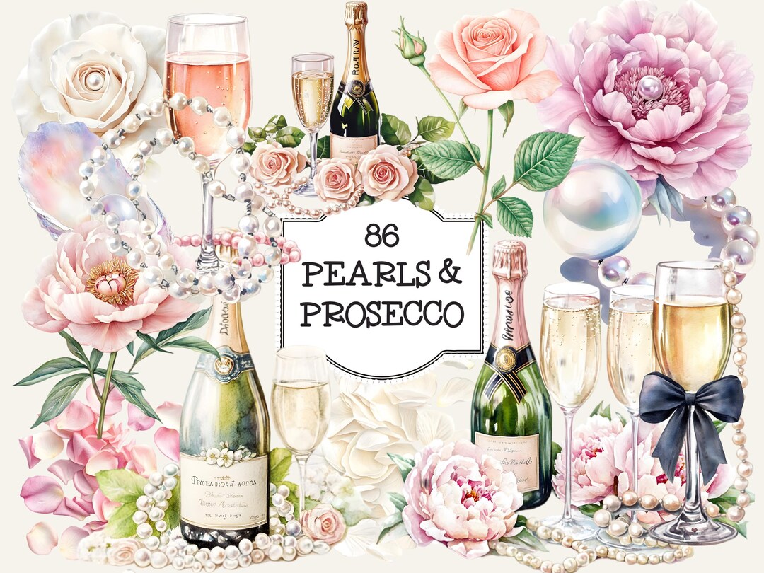 Pearls and Prosecco Watercolor Clipart: Bridal Shower Graphics (86 PNG ...