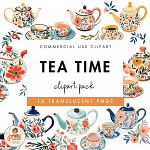 Floral Tea Set Watercolor Clipart: Tea Party PNG Graphics (digital ...