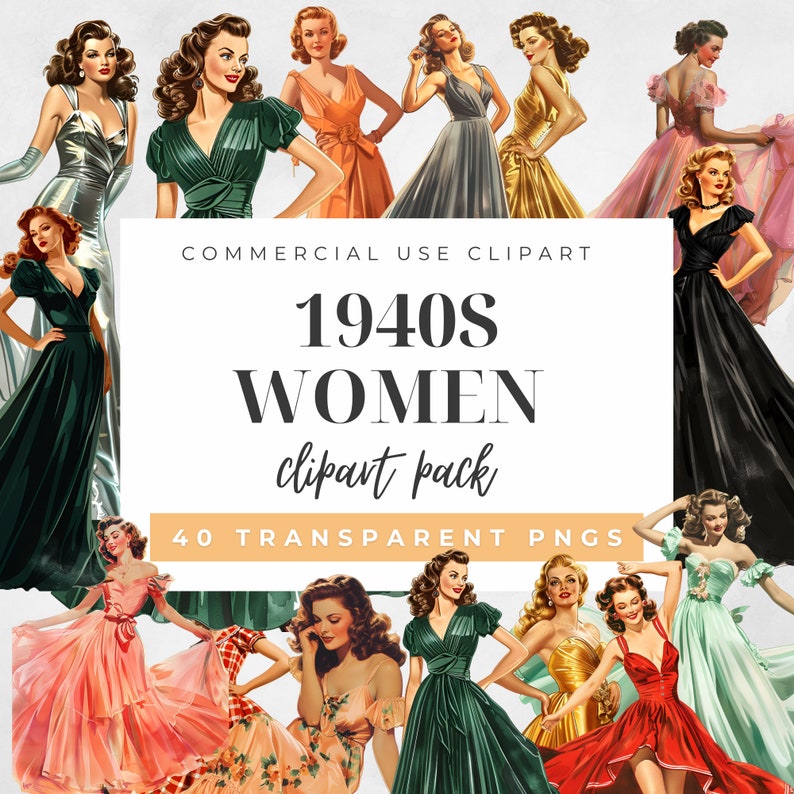 Retro 1940s Women Digital Clip Art Set - High-resolution, Vintage ...
