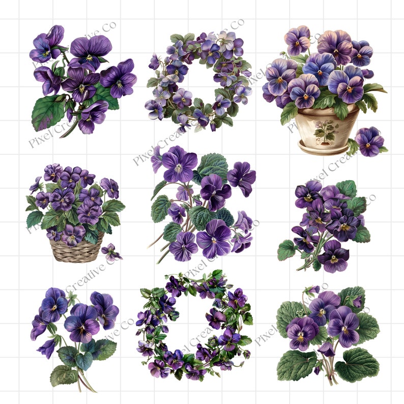 Vintage Style Violets Watercolor Clipart, Purple Violet Flowers ...