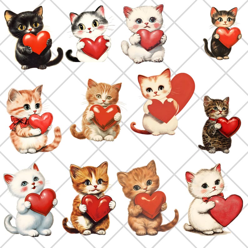 Valentine Kittens Clipart Graphics - Vintage Valentine's Day Digital ...