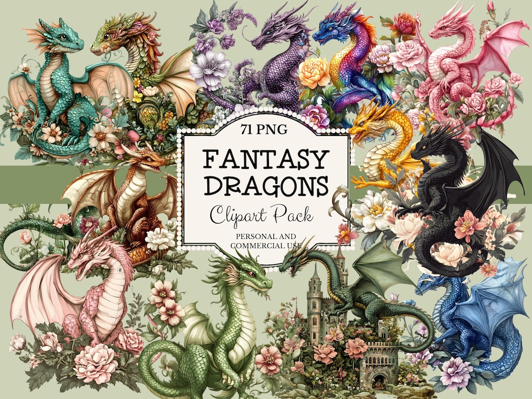 Fantasy Dragon Watercolor Clipart: Magical PNG Graphics (digital ...