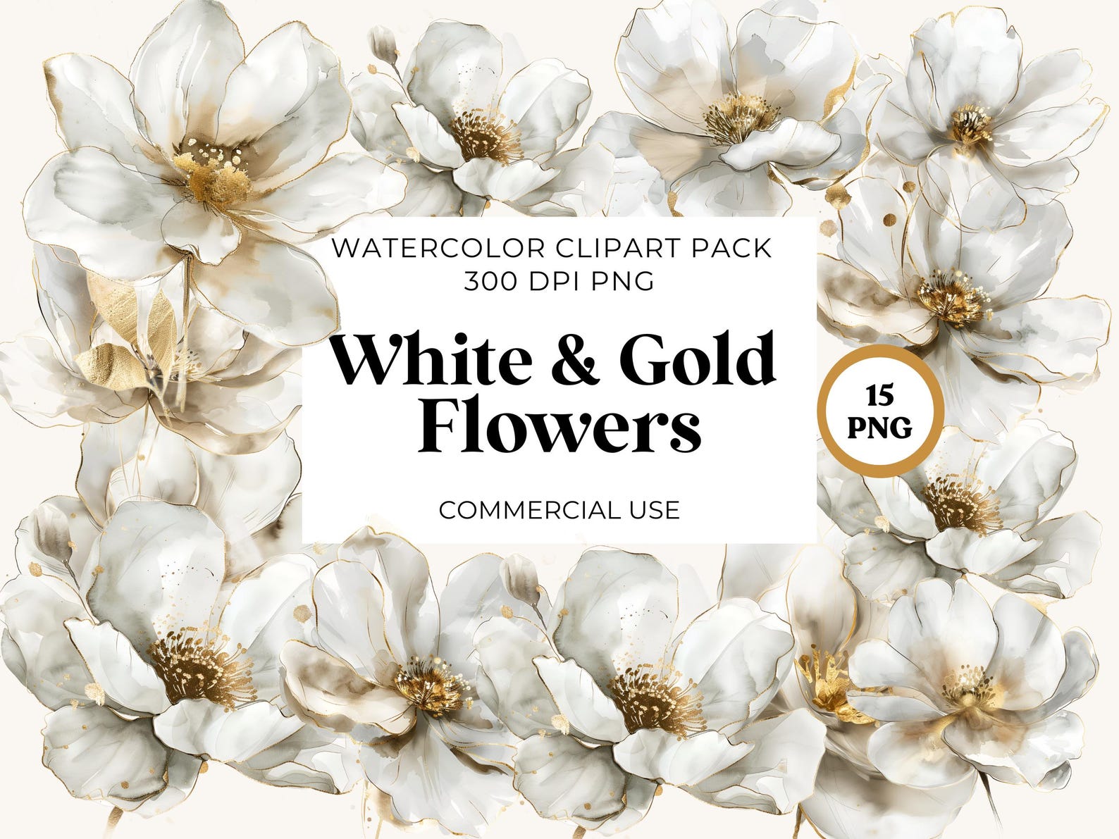 White and Gold Flowers Watercolor Clipart: Wedding Floral PNG ...