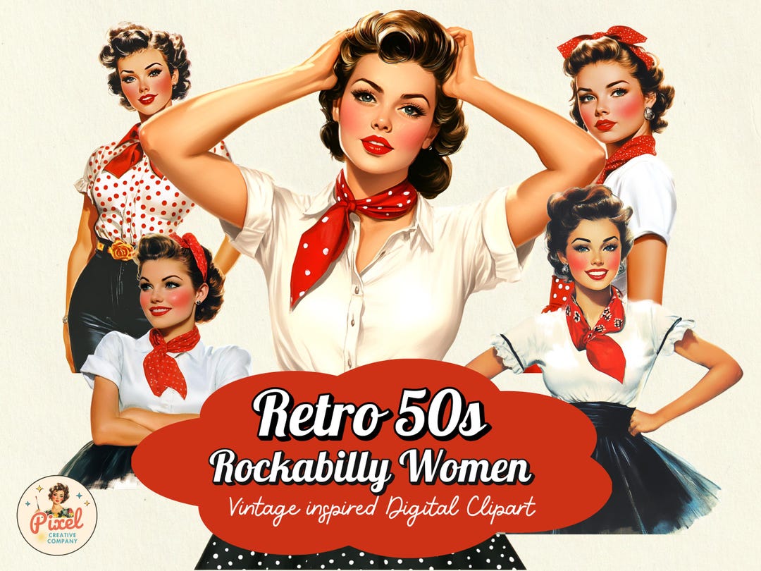 1950s Retro Rockabilly Women Clipart, Retro Women Graphics, Transparent ...