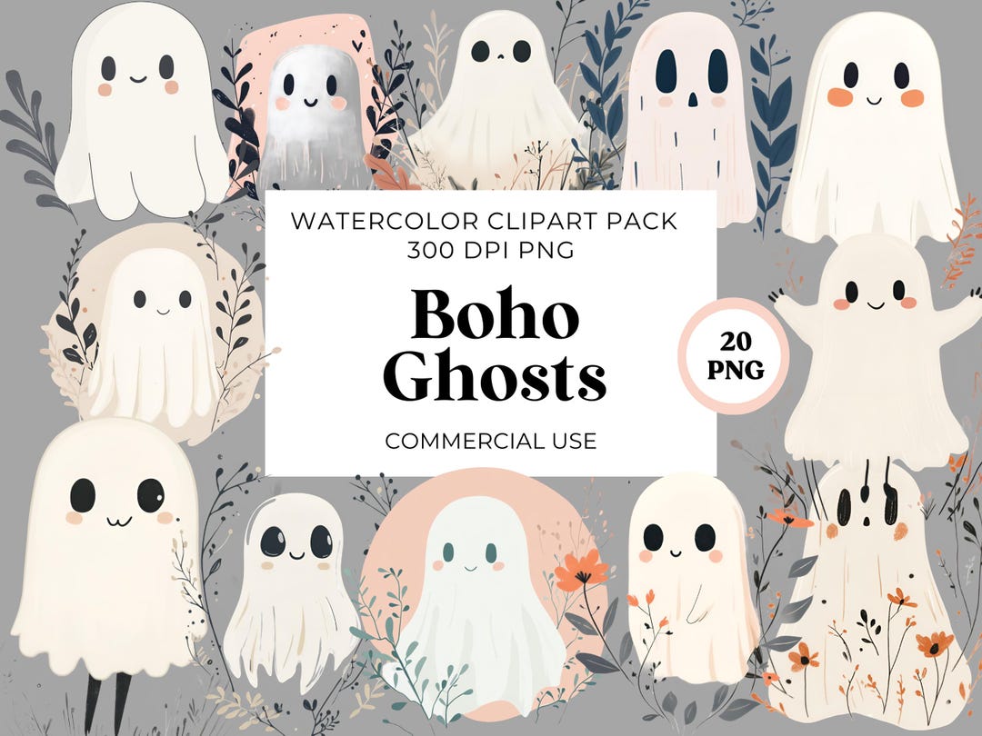 Boho Ghosts Watercolor Clipart, Ghosts Graphics, Halloween Clipart ...