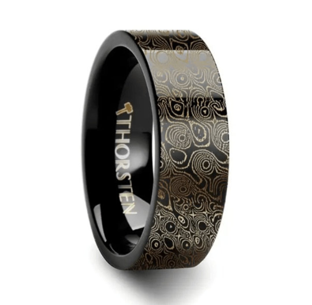 Circular Damascus Steel Engraved Pattern Black Tungsten Engraved Ring ...