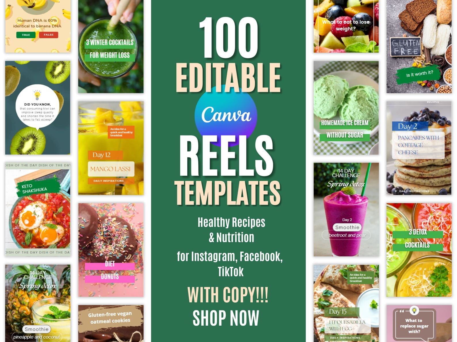 100 Healthy Recipes Nutrition Reels Social Media Bundle Canva Templates ...
