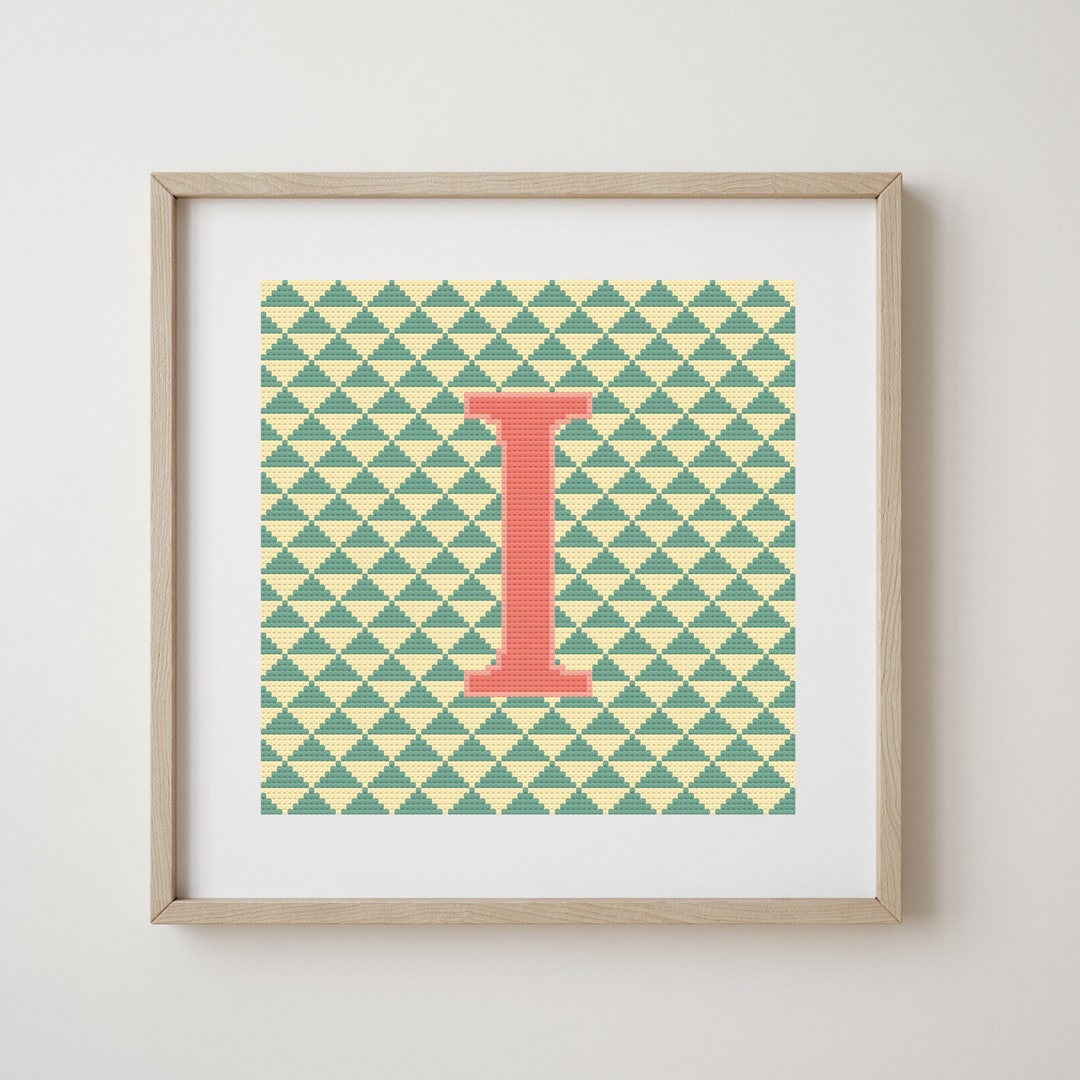 Letter I, Cross Stitch Alphabet Pattern, Coral on Green and Yellow ...