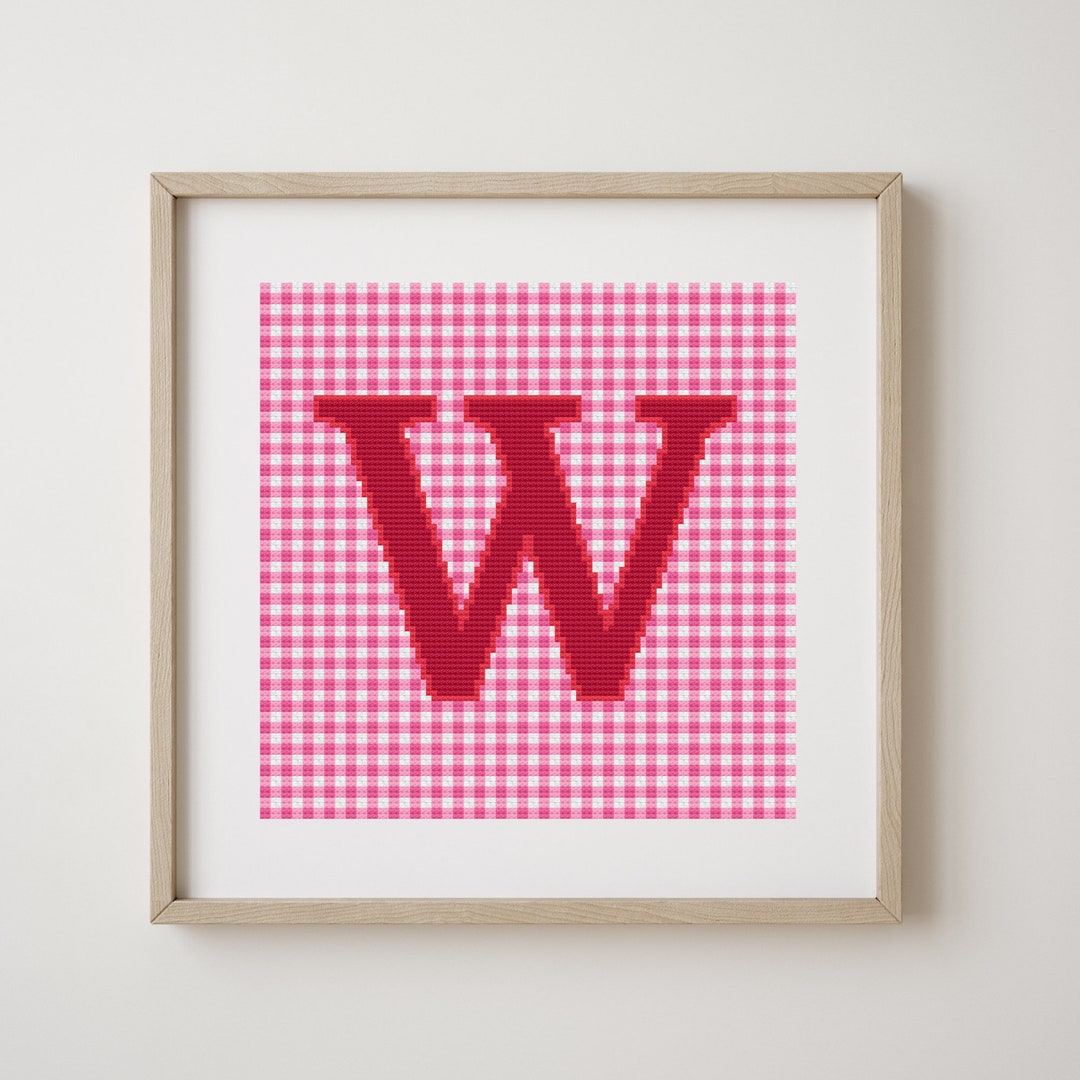 Letter W, Cross Stitch Alphabet Pattern, Red Letter on Pink Gingham ...