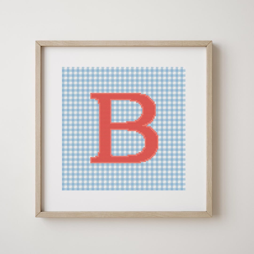 Letter B Cross Stitch Pattern: Coral Monogram on Blue Gingham (PDF ...