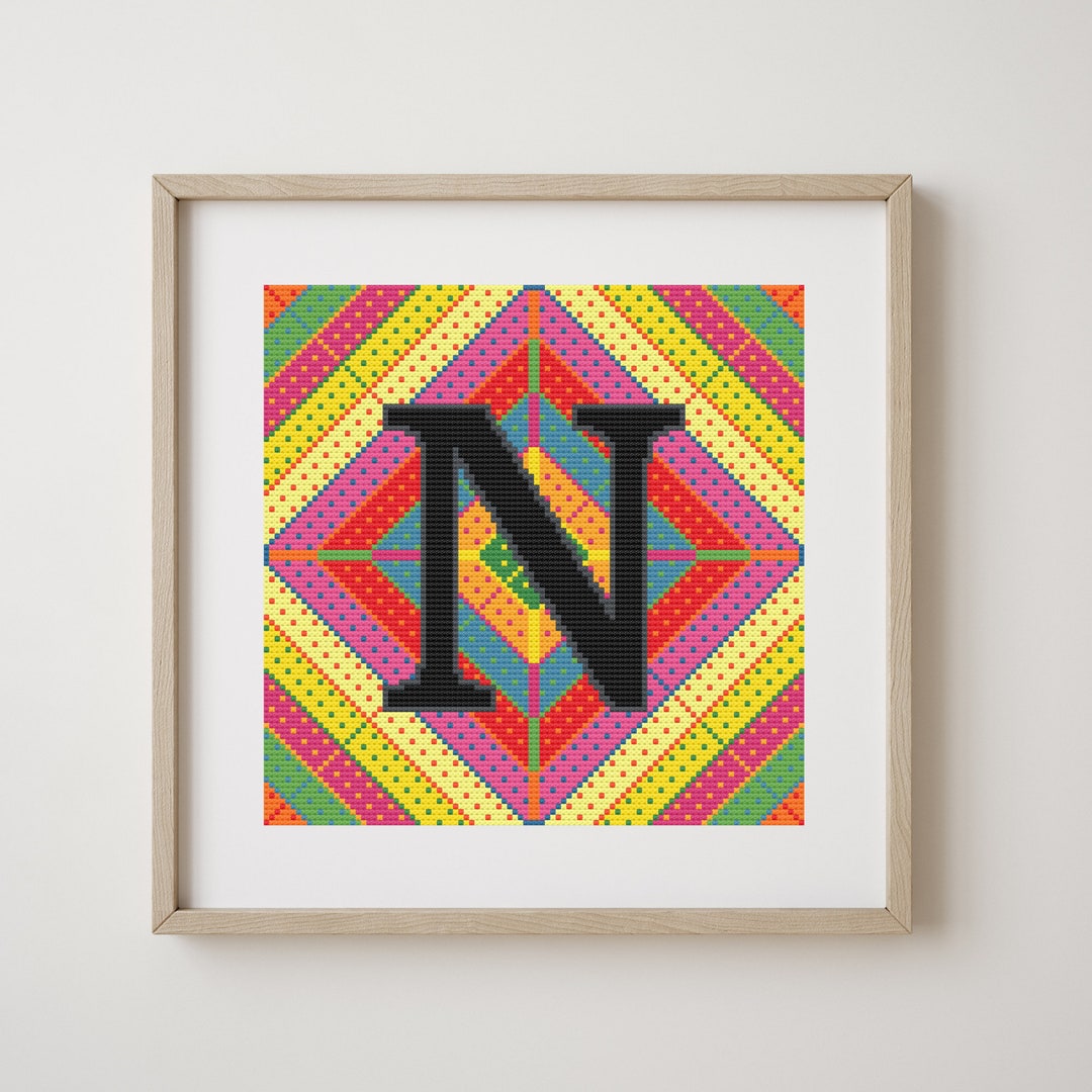 Letter N, Cross Stitch Alphabet Pattern, in Black on a Multicoloured ...