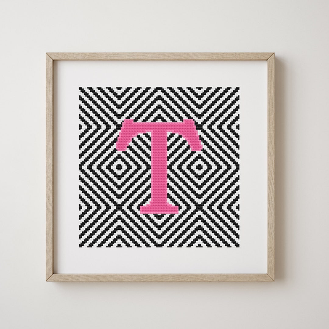 Letter T, Cross Stitch Alphabet Pattern, Pink, Monogram, Modern Decor ...