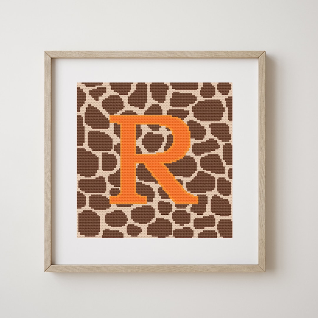 Letter R, Cross Stitch Alphabet Pattern, Orange Letter on Giraffe Print ...