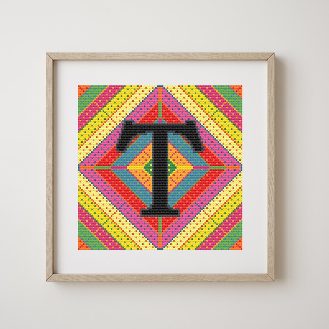 Letter T, Cross Stitch Alphabet Pattern, in Black on a Multicoloured ...