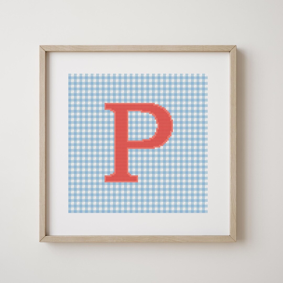 Letter P, Cross Stitch Alphabet Pattern, Coral Letter on Baby Blue ...