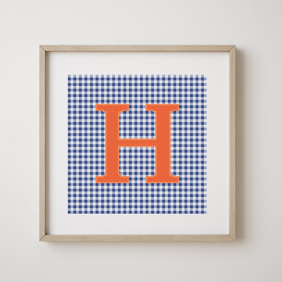 Letter H Cross Stitch Pattern: Orange Monogram, Blue Gingham (PDF ...