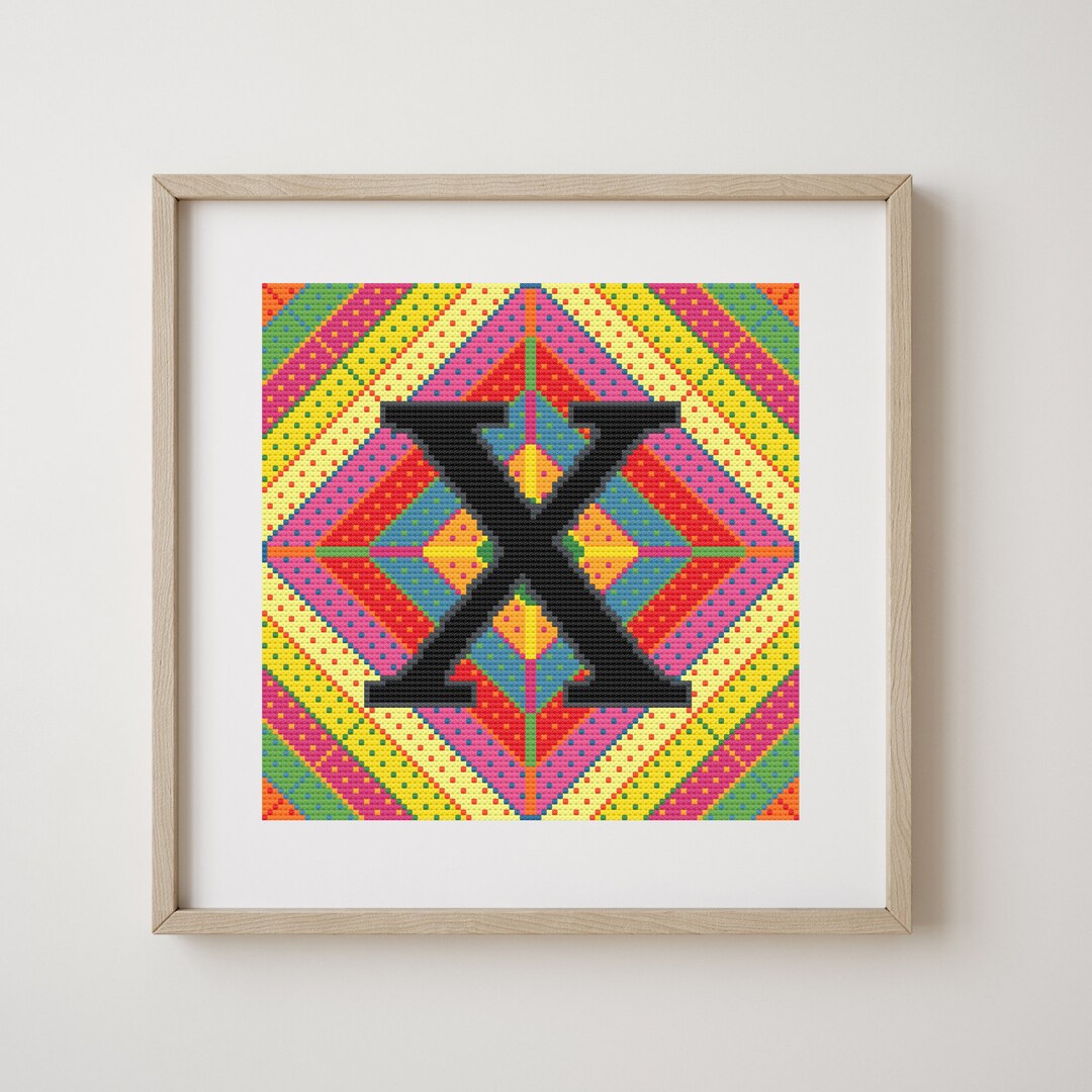 Letter X, Cross Stitch Alphabet Pattern, in Black on a Multicoloured ...