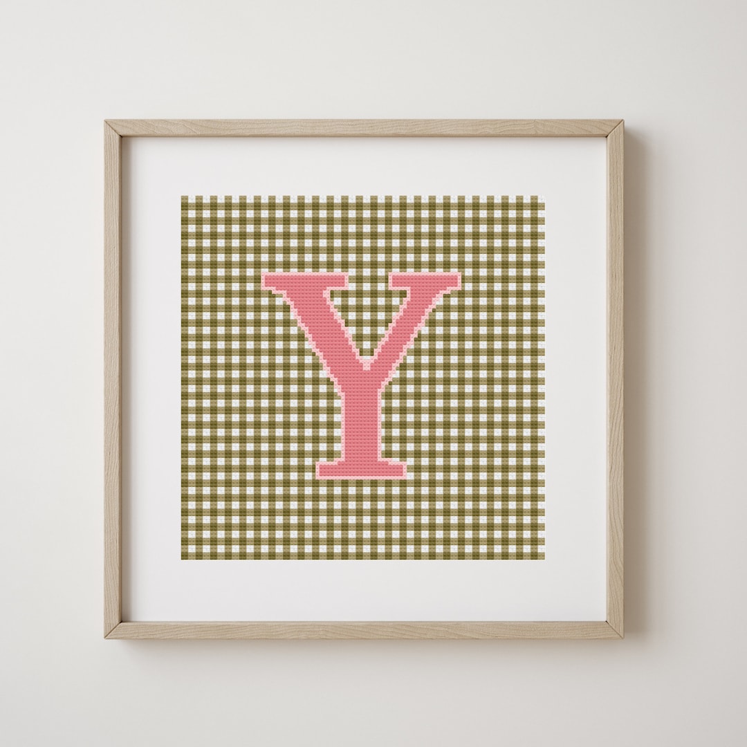 Letter Y, Cross Stitch Alphabet Pattern, Pink Letter on Olive Green ...