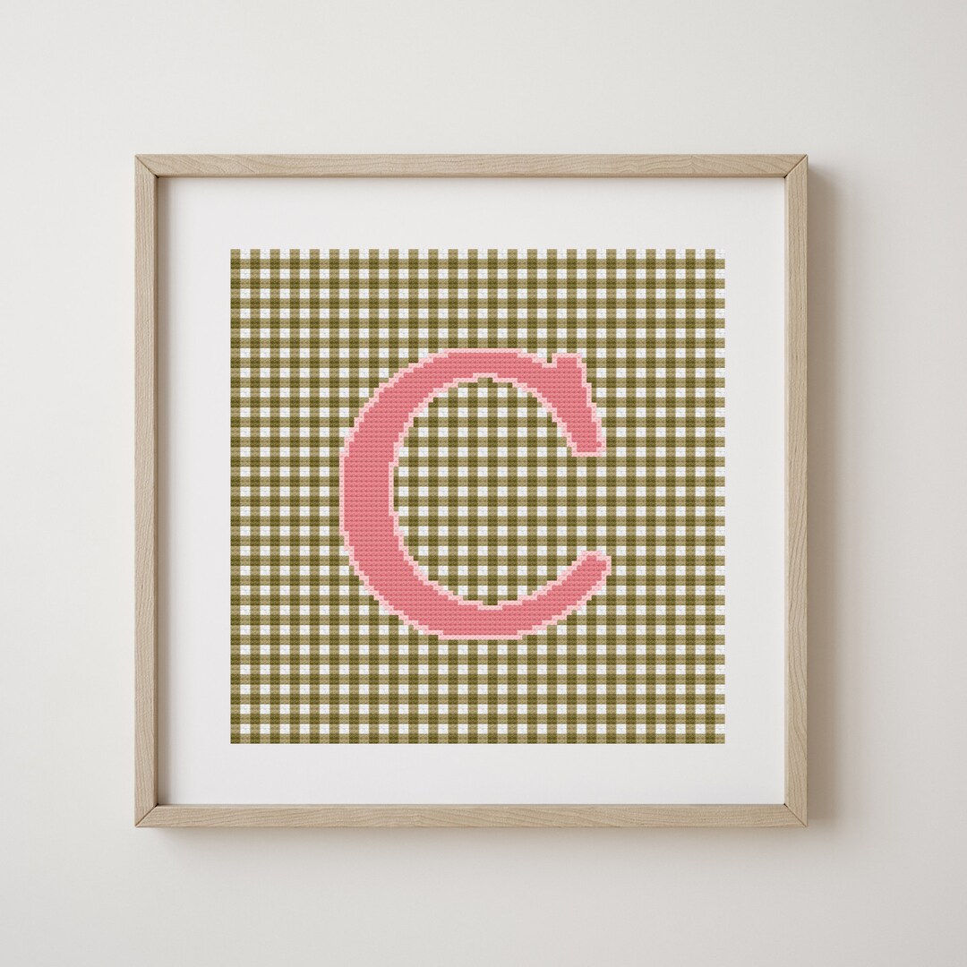 Letter C, Cross Stitch Alphabet Pattern, Pink Letter on Olive Green ...