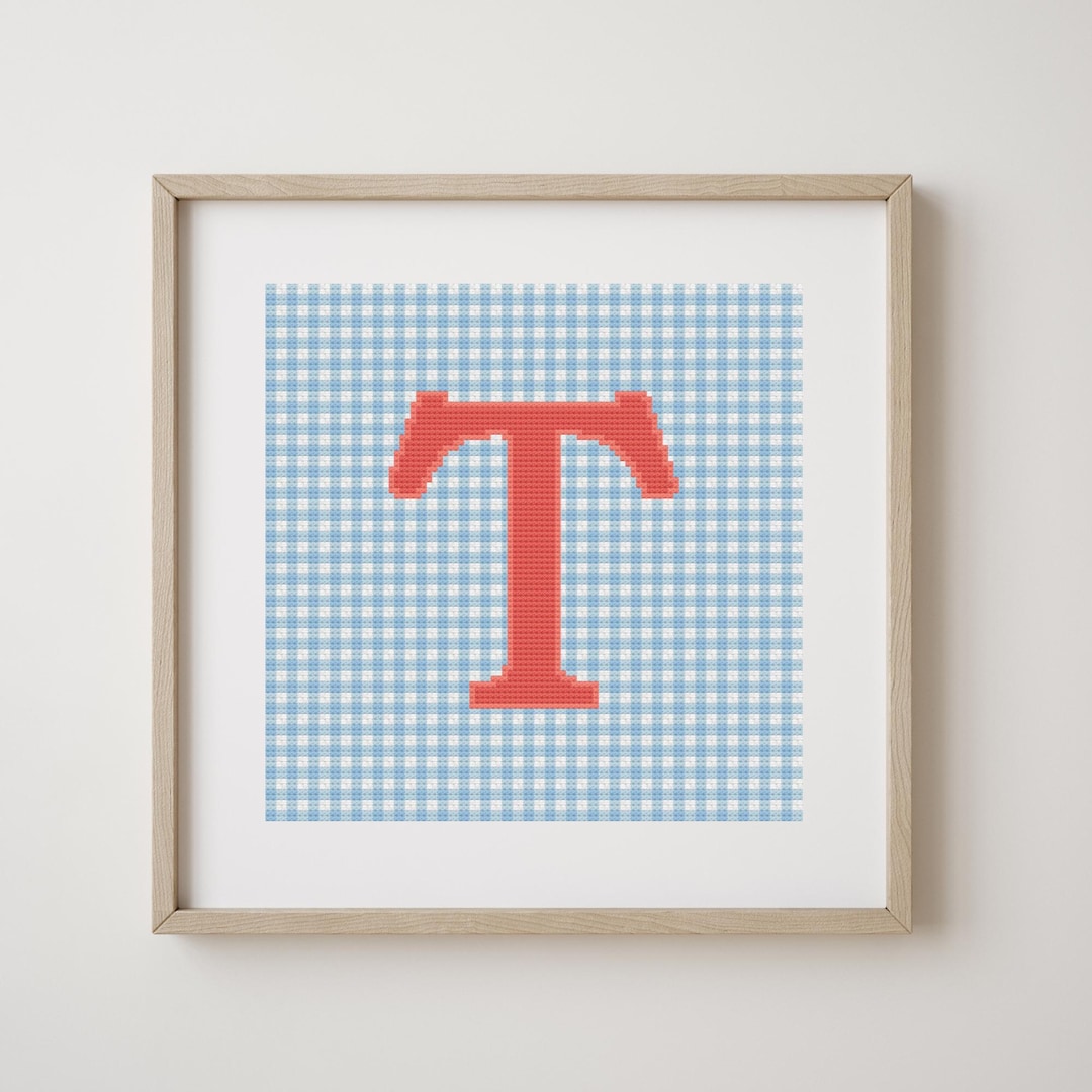 Letter T Cross Stitch Pattern: Coral Initial, Blue Gingham (PDF Pattern ...