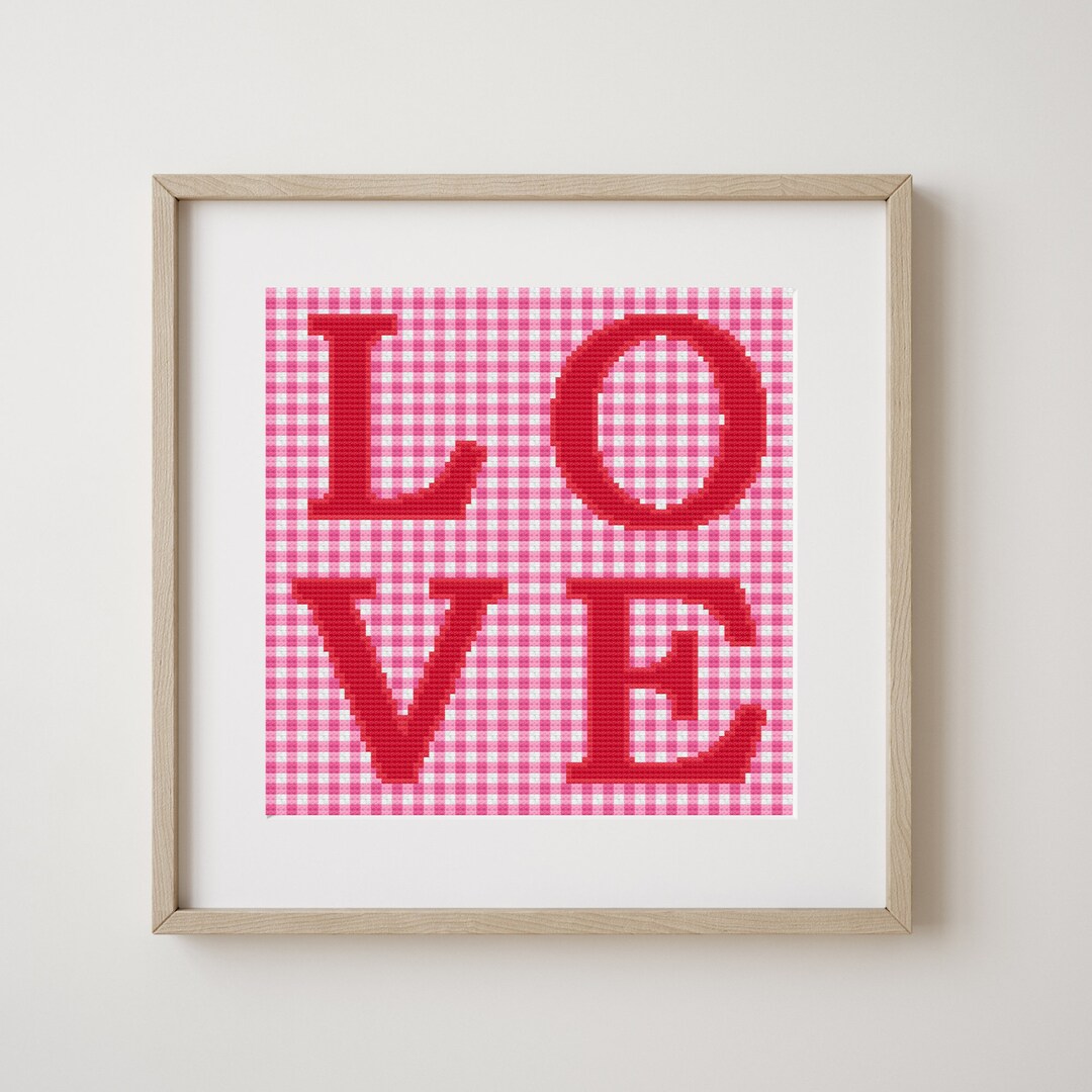 Pink Gingham Cross Stitch Pattern With Red Love Pdf Pattern Modern Cross Stitch Downloadable