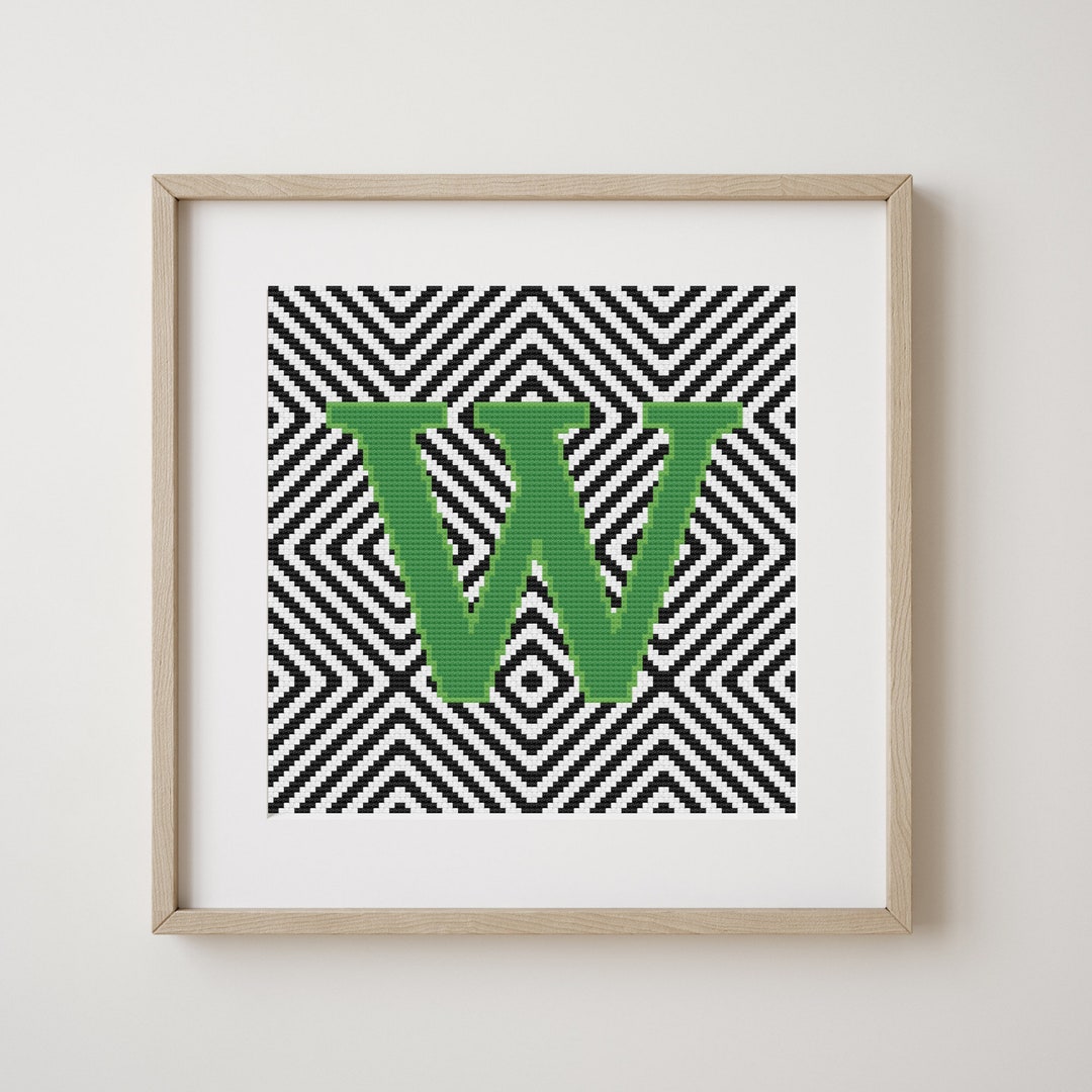 Letter W, Cross Stitch Alphabet Pattern, Green, Monogram, Modern Decor ...