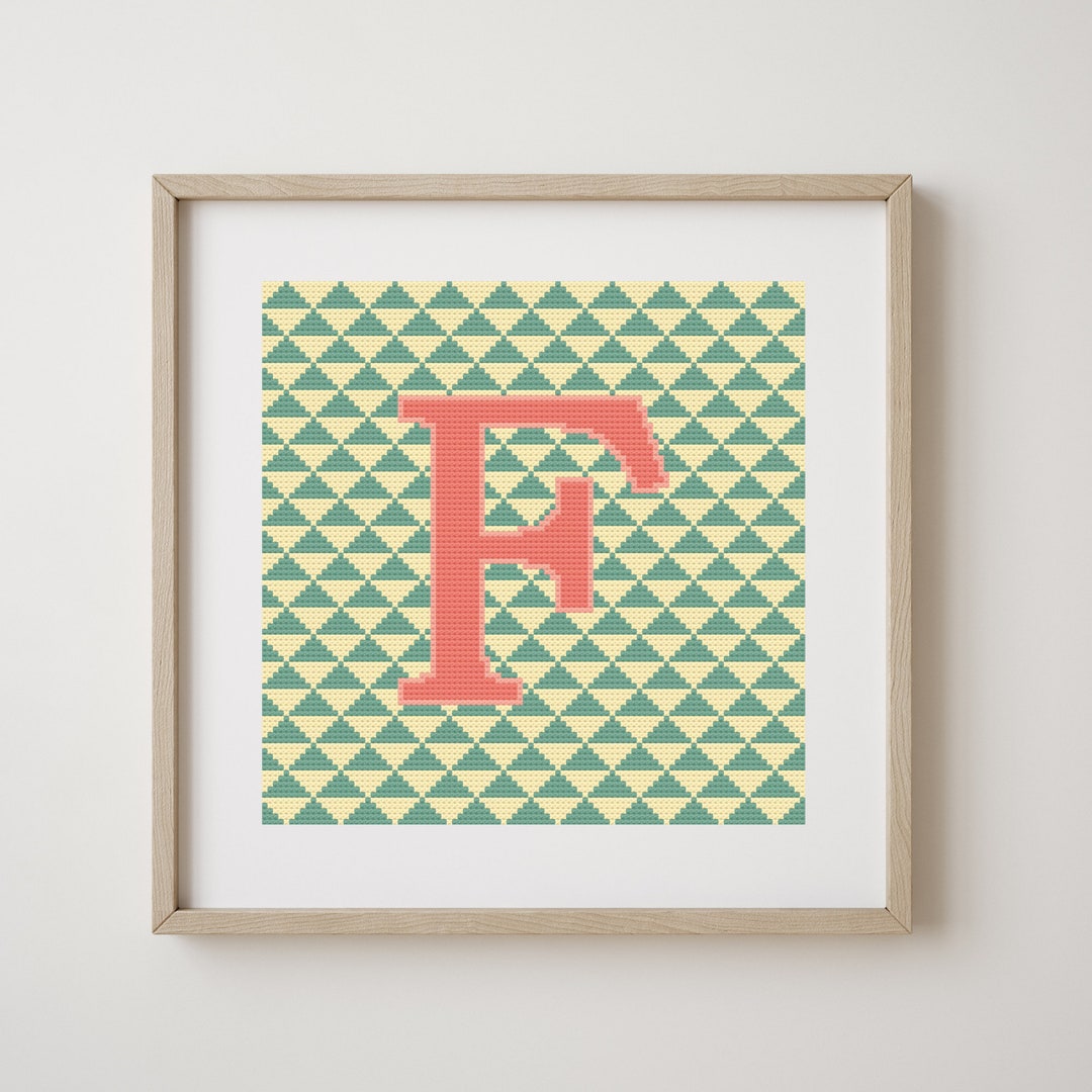 Letter F, Cross Stitch Alphabet Pattern, Coral on Green and Yellow ...