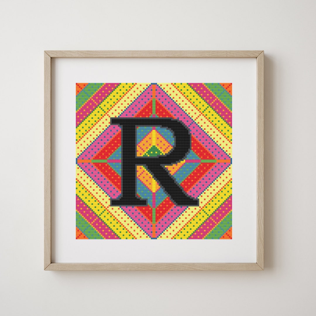 Letter R, Cross Stitch Alphabet Pattern, in Black on a Multicoloured ...