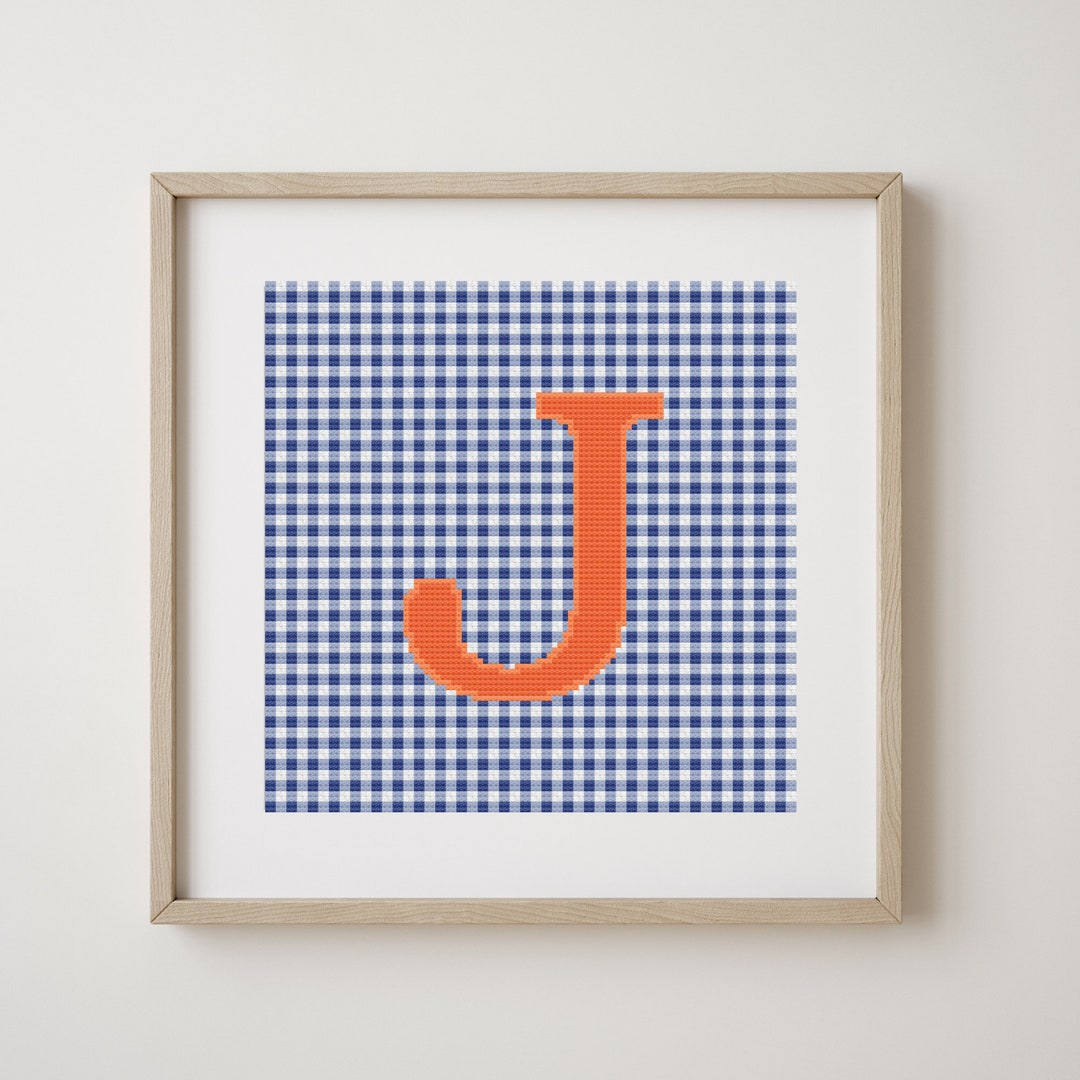 Letter J, Cross Stitch Alphabet Pattern, Orange Letter on Royal Blue ...