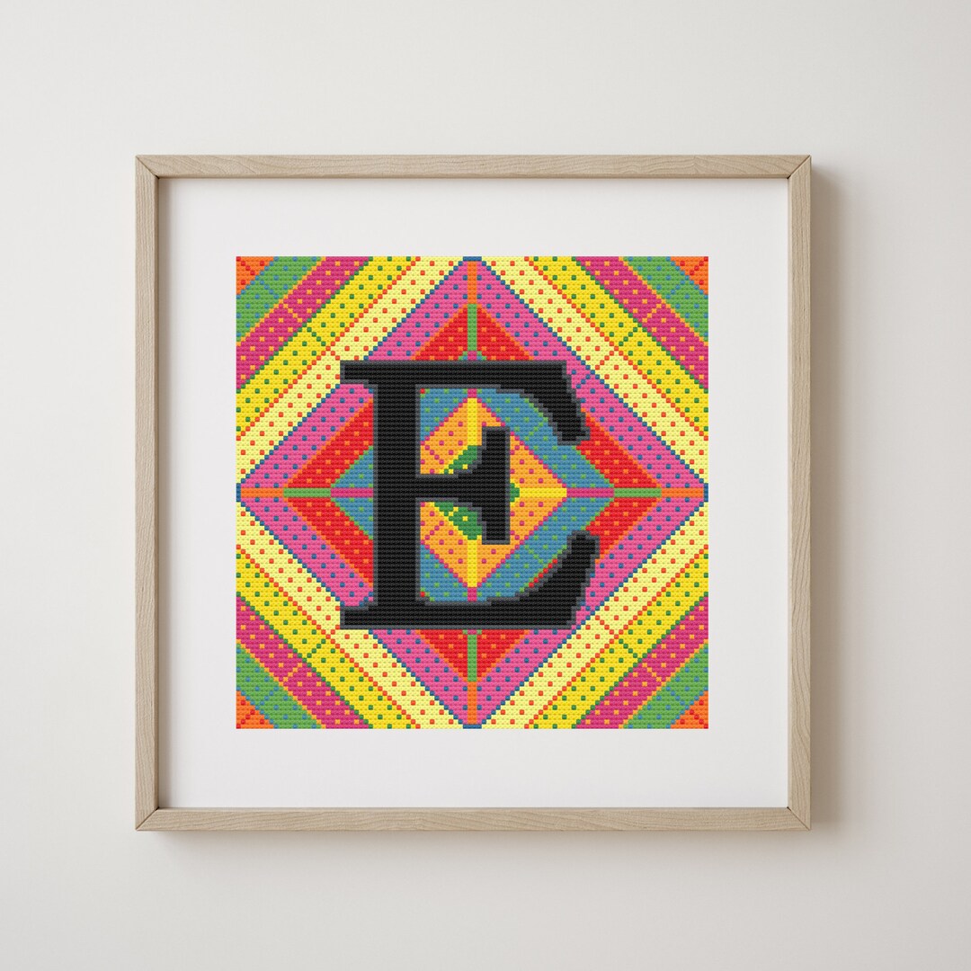 Letter E, Cross Stitch Alphabet Pattern, in Black on a Multicoloured ...