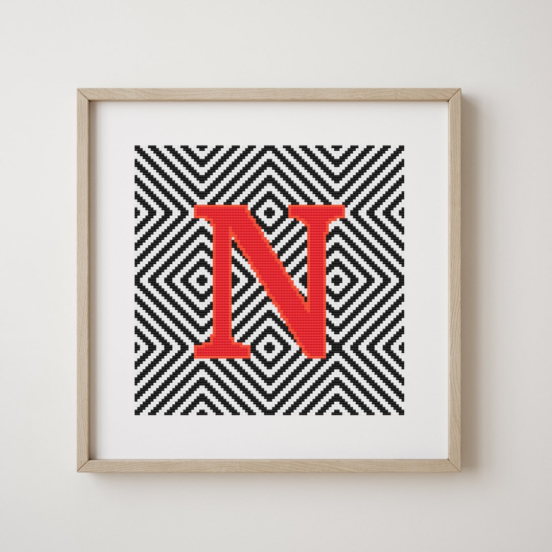 Letter N, Cross Stitch Alphabet Pattern, Red, Monogram, Modern Decor ...