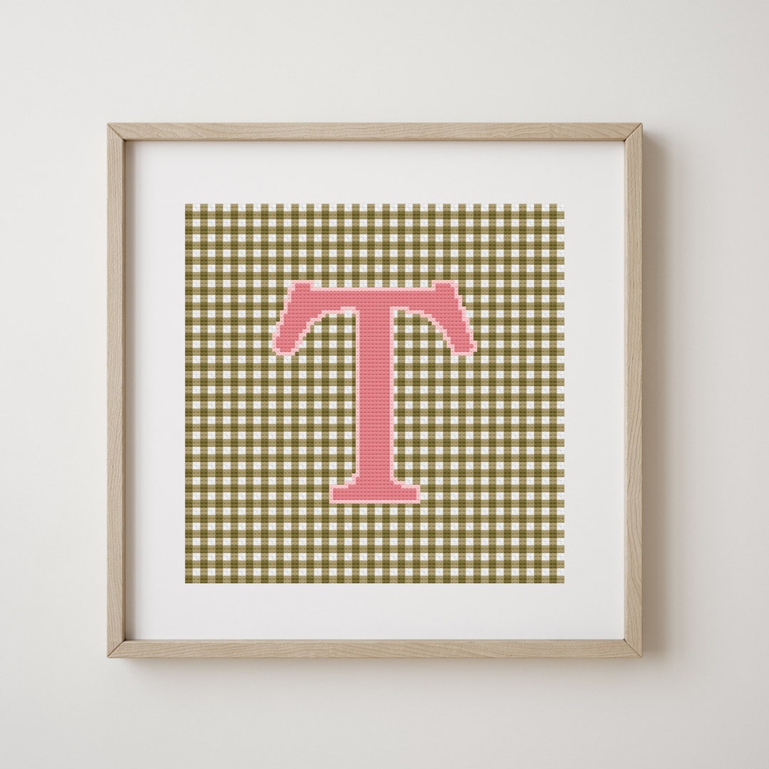 Letter T, Cross Stitch Alphabet Pattern, Pink Letter on Olive Green ...