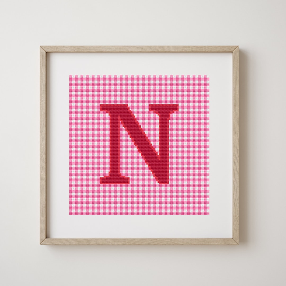 Letter N, Cross Stitch Alphabet Pattern, Red Letter on Pink Gingham ...