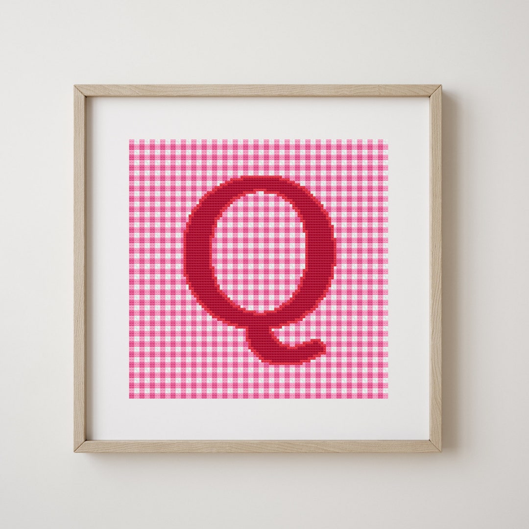 Letter Q, Cross Stitch Alphabet Pattern, Red Letter on Pink Gingham ...