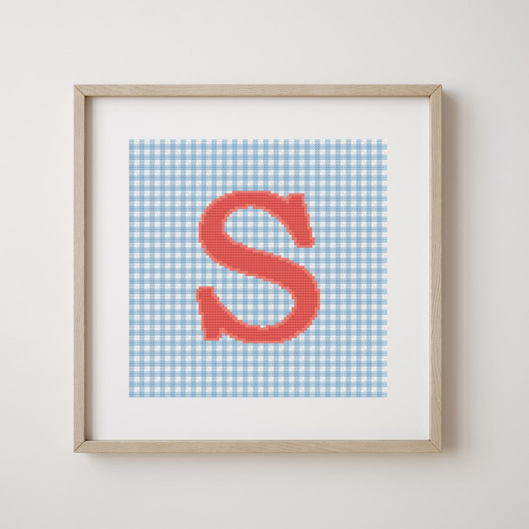 Letter S Cross Stitch Pattern: Coral Monogram on Blue Gingham (PDF ...