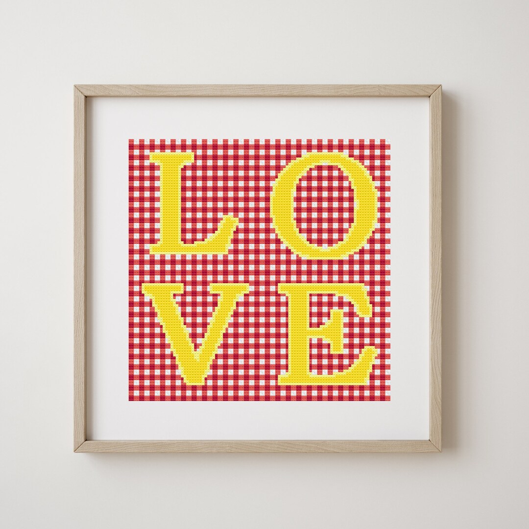 Red Gingham Cross Stitch Pattern With Bright Yellow Love Pdf Pattern Modern Cross Stitch
