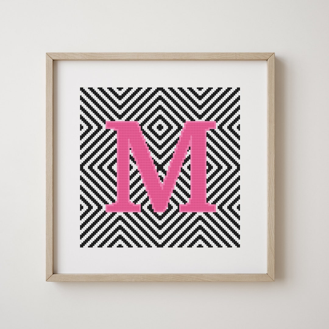 Letter M, Cross Stitch Alphabet Pattern, Pink, Monogram, Modern Decor ...